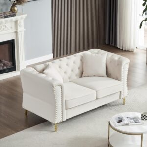 sybrioka loveseat sofa modern velvet couch for living room chesterfield style with luxury gold metal legs button tufted nailhead pillows (beige, 2 seater)