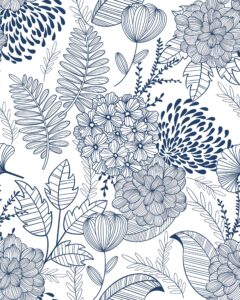 melunmer navy blue peel and stick wallpaper for bathroom boho vintage floral leaf contact paper for cabinets and drawers laundry room wallpaper stick and peel, removable, waterproof 17.3"×78.8"