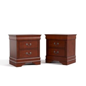 furniture of america arabella traditional solid wood nightstands set of 2, bedside table with drawers and antique nickle handles, no assembly wooden night stands for bedrooms, guest room, dorm, cherry