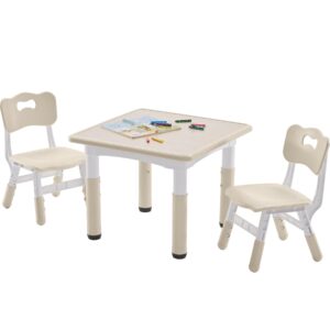 doreroom kids table and 2 chairs set, height-adjustable toddler table and chairs set with graffiti desktop, 23.6''l x 23.6''w children activity table for daycare, classroom, home