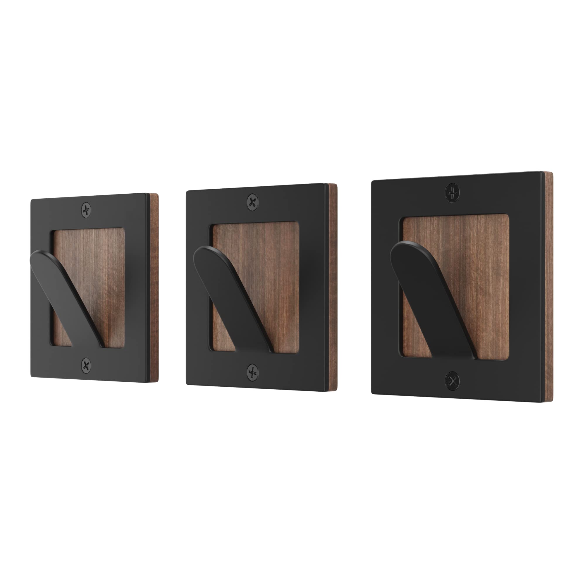 Walnut Wood Black Square Metal Hooks for Hanging Coats - Set of 3 Wall Coat Hook Rack with Hat Hooks for Wall