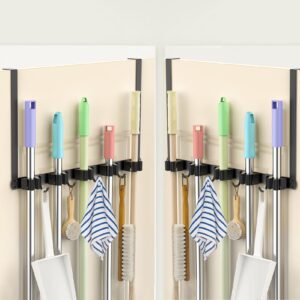 broom holder over the door-2pcs drilling free mop and broom holder with 4 over door hook, metal mop and broom holder wall mount broom storage tool organizer for laundry room garage kitchen bathroom