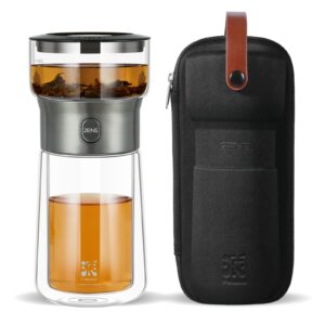 zens modern small glass tea infuser teapot, 3-in-1 smart one touch tea maker for loose leaf tea steeper, solo simple tea strainer with 9oz double walled tea cup for hot black, white tea diffuser.