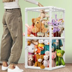 large stuffed animal storage zoo stuffed animal holder for corner organizer, space save vertical toy storage with elastic band and bottom net, for kids nursery playroom bedroom toy organizer