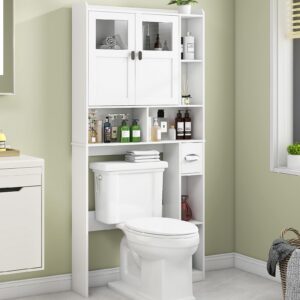 vabches over the toilet storage cabinet, bathroom shelf over toilet with glass doors and adjustable shelves, white freestanding home space save toilet rack, for restroom, bathroom, laundry