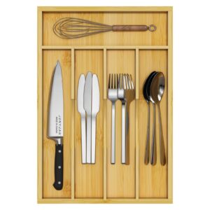 youpehom bamboo utensil organizer for kitchen drawers, utensil tray and cutlery silverware holder,wood drawer dividers with 5 slots