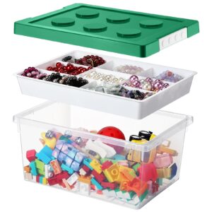 leinuosen 32 qt plastic storage box with removable tray craft organizer and storage clear bins with lids art supply container for kids organizing building bricks toys bead tool sewing (green)