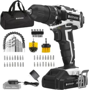 bielmeier 20v max cordless drill set – 285 in-lb torque,2 variable speed,64+1 position,3/8" keyless chuck,drill machine includes 2 brushes,flex shaft,cloth bag & 58 drill bits（black）