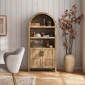 mopio lauren 65.4" short arched cabinet, 5-tier arched bookcase with doors and shelves, mini arched bookshelf with storage, kitchen pantry cabinet, wooden storage cabinet for living room (oak)