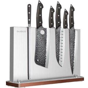 magnetic knife holder knife block: stainless steel knife block without knives, double sided magnetic knife holder rack for kitchen counter, knife magnet storage stand with wood base-silver