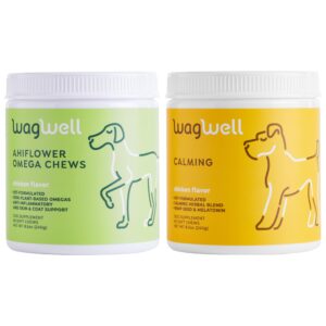 wagwell ahiflower omega oil dog chews & calming chews bundle - skin, coat, hip and joint supplement for dogs - anxiety relief