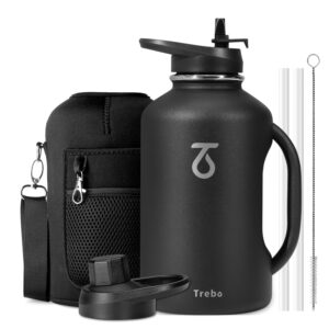 trebo half gallon water bottle 64oz with handle,double wall vacuum insulated large water jug,stainless steel water bottle flask,wide mouth water bottles with straw spout lids strap,black