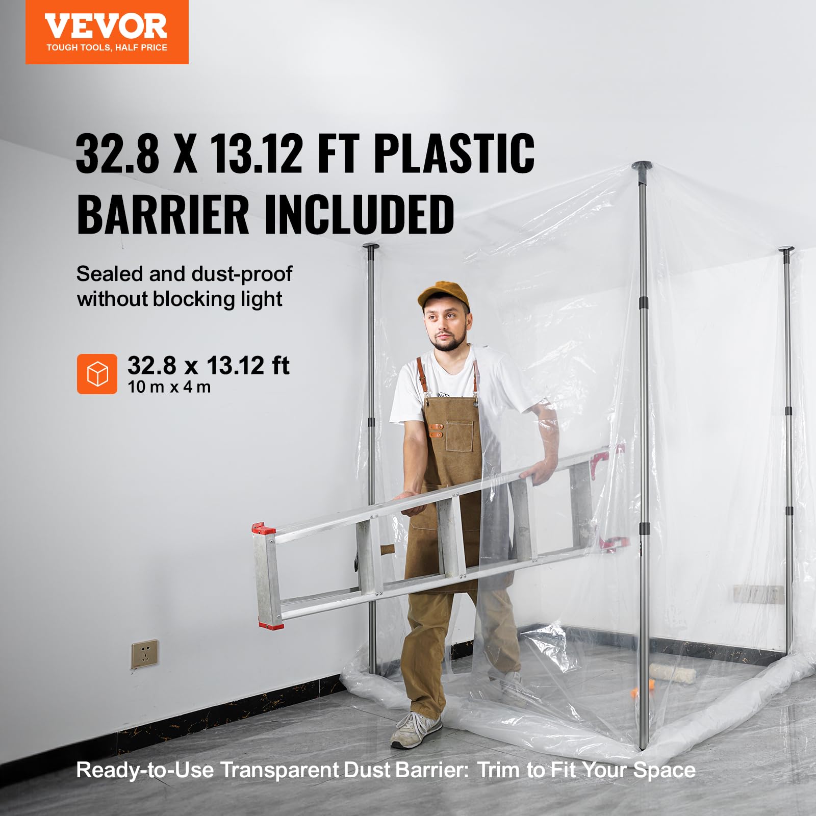 VEVOR Dust Barrier Poles, 10 Ft Barrier Poles, Dust Barrier System with 4 Telescoping Poles, Carry Bag and 32.8x13.12 Ft Plastic Film, for Interior Decoration, Painting