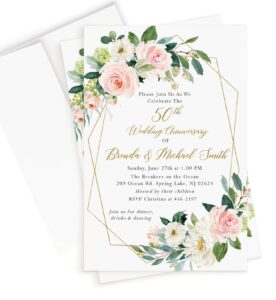 all ewired up anniversary invitations and envelopes, blush pale pink floral invites with greenery, elegant and modern bridal shower invites, 50th 25th 60th personalized