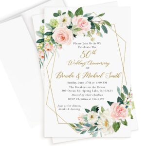 All Ewired Up Anniversary Invitations and Envelopes, Blush Pale Pink Floral Invites with Greenery, Elegant and Modern Bridal Shower Invites, 50th 25th 60th Personalized