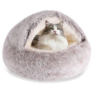 hyq small dog bed, cozy cat cave bed, cat beds for indoor cats washable, non-slip cat beds, calming dog bed with hooded cover, dog bed with cover for extra small pets (coffee, 16×16 inch)