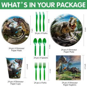 Suhelkit Dinosaur Birthday Party Supplies - Dino World Party Decorations Tableware, Paper Plate, Napkin, Disposable Cutlery, Dinosaurs Park Birthday Baby Shower Decorations Dinnerware | 24 Guests