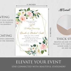 All Ewired Up Anniversary Invitations and Envelopes, Blush Pale Pink Floral Invites with Greenery, Elegant and Modern Bridal Shower Invites, 50th 25th 60th Personalized