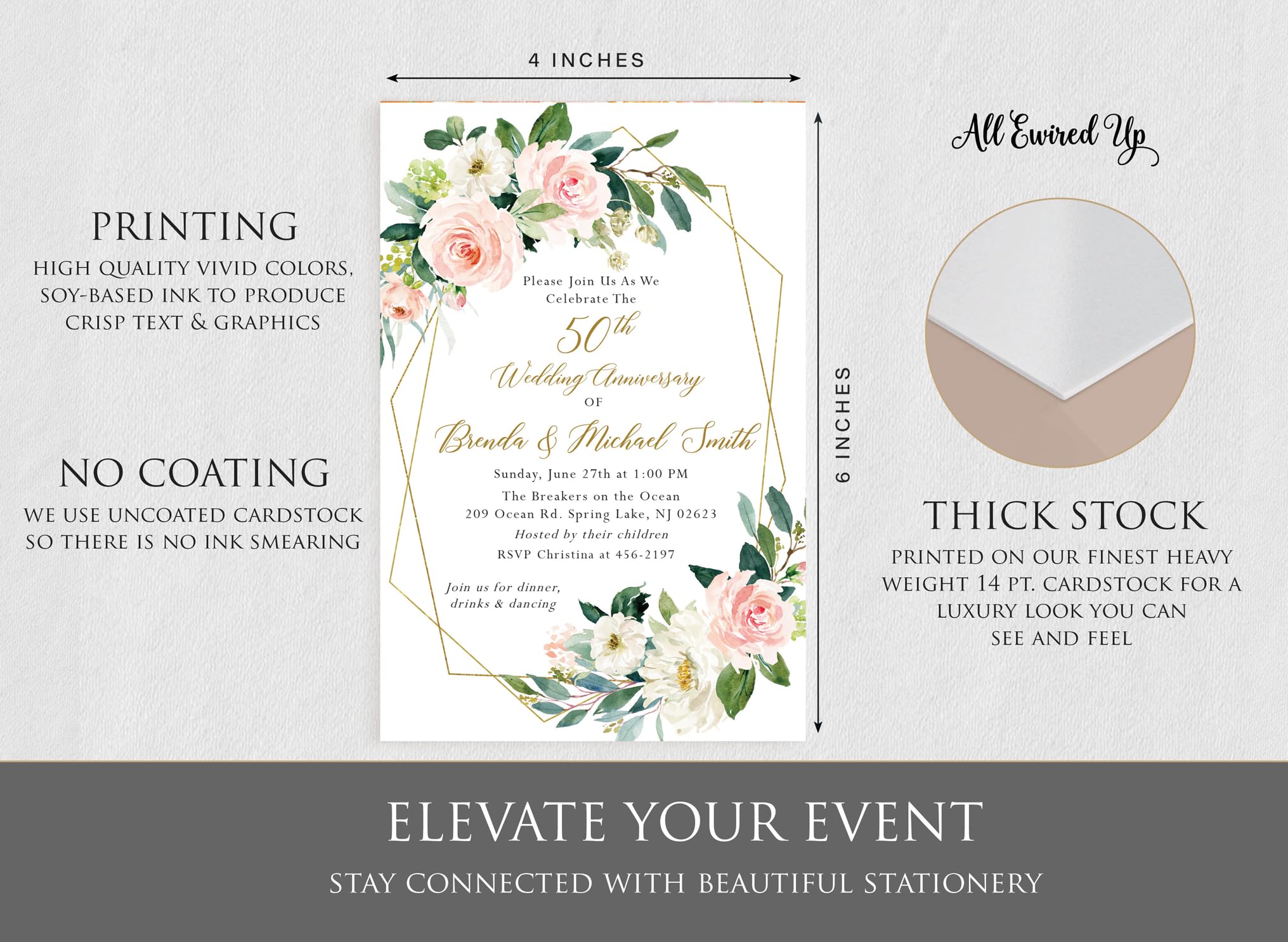 All Ewired Up Anniversary Invitations and Envelopes, Blush Pale Pink Floral Invites with Greenery, Elegant and Modern Bridal Shower Invites, 50th 25th 60th Personalized