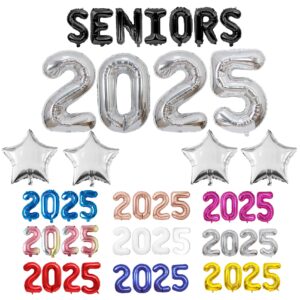 seniors 2025 balloons with 4 star balloons - high school college seniors decorations balloons - 2024 seniors banner for graduation party decor foil letter balloons with ribbon, straws & adhesive dots