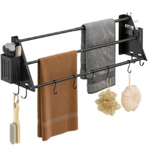 towel bar for bathroom wall,stretchable 16.1-29.5 inchs towel rack,metal towel holder with 2 storage basket and 9 hooks, black towel hanger for bathroom kitchen camper