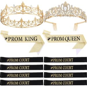 saintrygo 12 pcs prom crown and sash set, prom king and prom queen tiara rhinestone crown glitter sash prom court royal satin sash for graduation prom night party birthday accessory (gold,stylish)