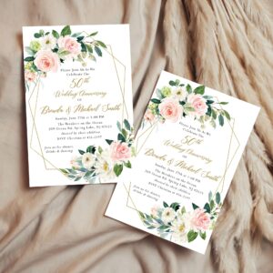 All Ewired Up Anniversary Invitations and Envelopes, Blush Pale Pink Floral Invites with Greenery, Elegant and Modern Bridal Shower Invites, 50th 25th 60th Personalized