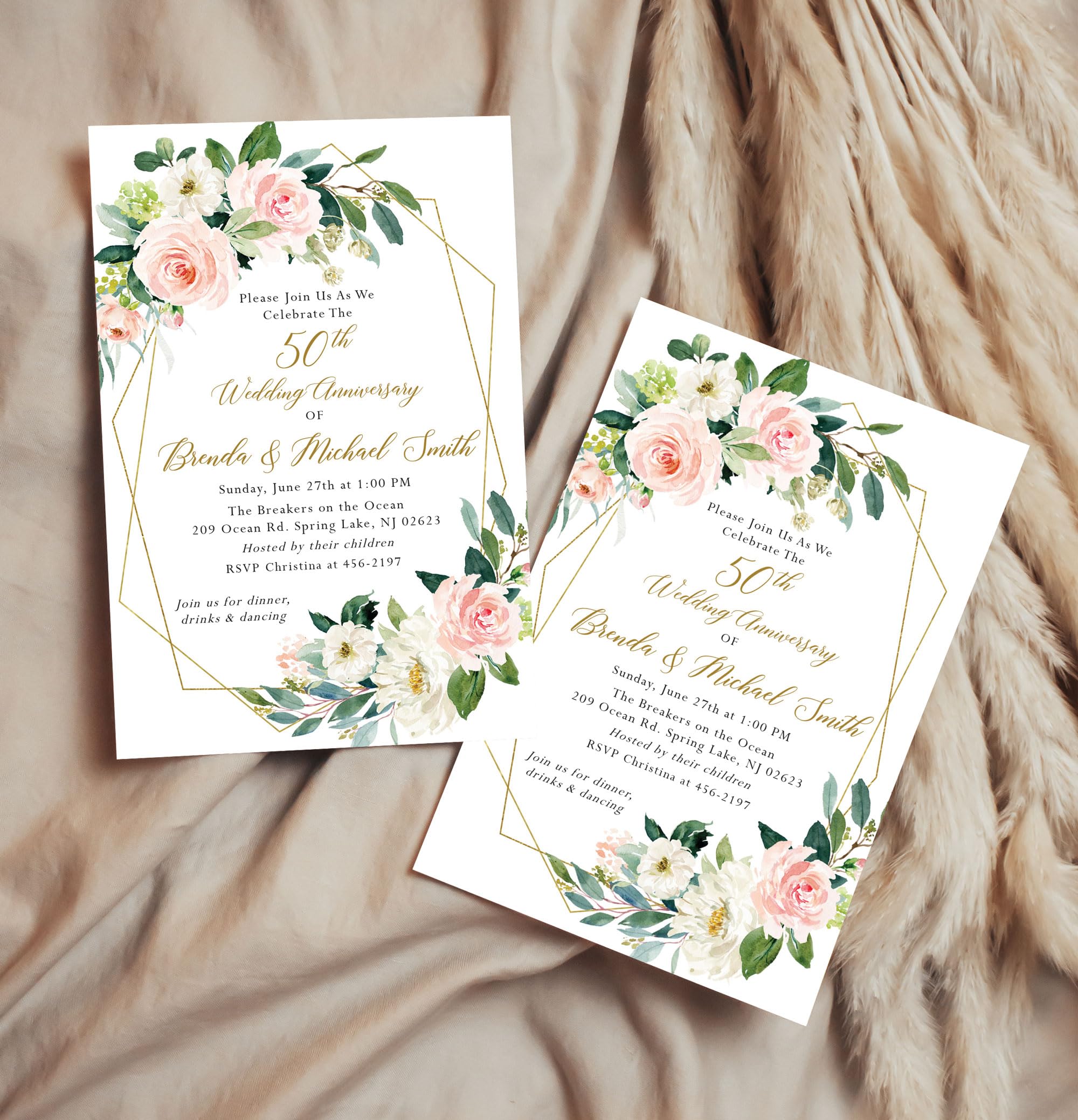 All Ewired Up Anniversary Invitations and Envelopes, Blush Pale Pink Floral Invites with Greenery, Elegant and Modern Bridal Shower Invites, 50th 25th 60th Personalized