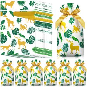 50 pcs jungle animal treat bags green gold safari animal palm leaves pe plastic candy goodie bags safari party favor bags with gold drawstring ribbons for wild jungle baby shower birthday party favors