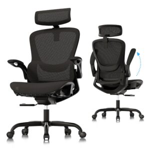 gabrylly ergonomic mesh office chair, adjustable home desk chair with folding armrest, 2d headrest, soft seat and pu wheel, black swivel task chair for office, business, student (gy1108)