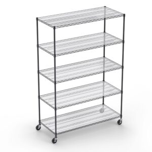 5 tier nsf metal shelf wire shelving unit, heavy duty adjustable storage rack with wheels & shelf liners, black - 82" h x 48" l x 24" d 6000lbs capacity