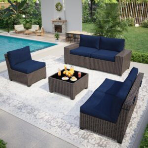 idealhouse 6 pieces blue patio sectional furniture set, wicker conversation sets patio furniture, brown patio sofa with 5 navy blue seat cushions and 1 glass coffee table