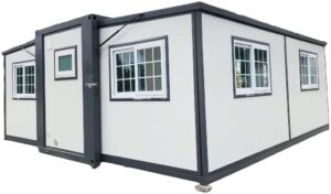 insulated expandable | prefabricated house | 20ft x 40ft | modern villa | big living rooms | sound proof | water proof | rust free | earthquake proof | hurricane proof | personal | office site, white