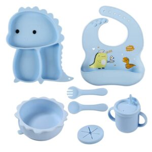 silicone baby feeding set, baby led weaning supplies, eating essentials utensils with suction plate and bowl, pocket bib, sippy cup with lid, forks spoons snack container (tropical blue) 6m +