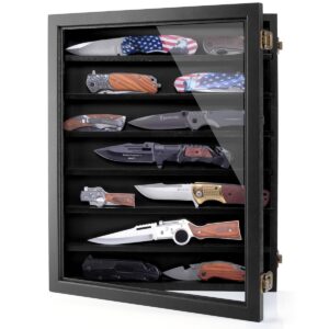 ultrgee pocket knife display case, knife collection display shadow box for wall military folding knife showcase display cabinet with acrylic panel and removable dual recessed shelves