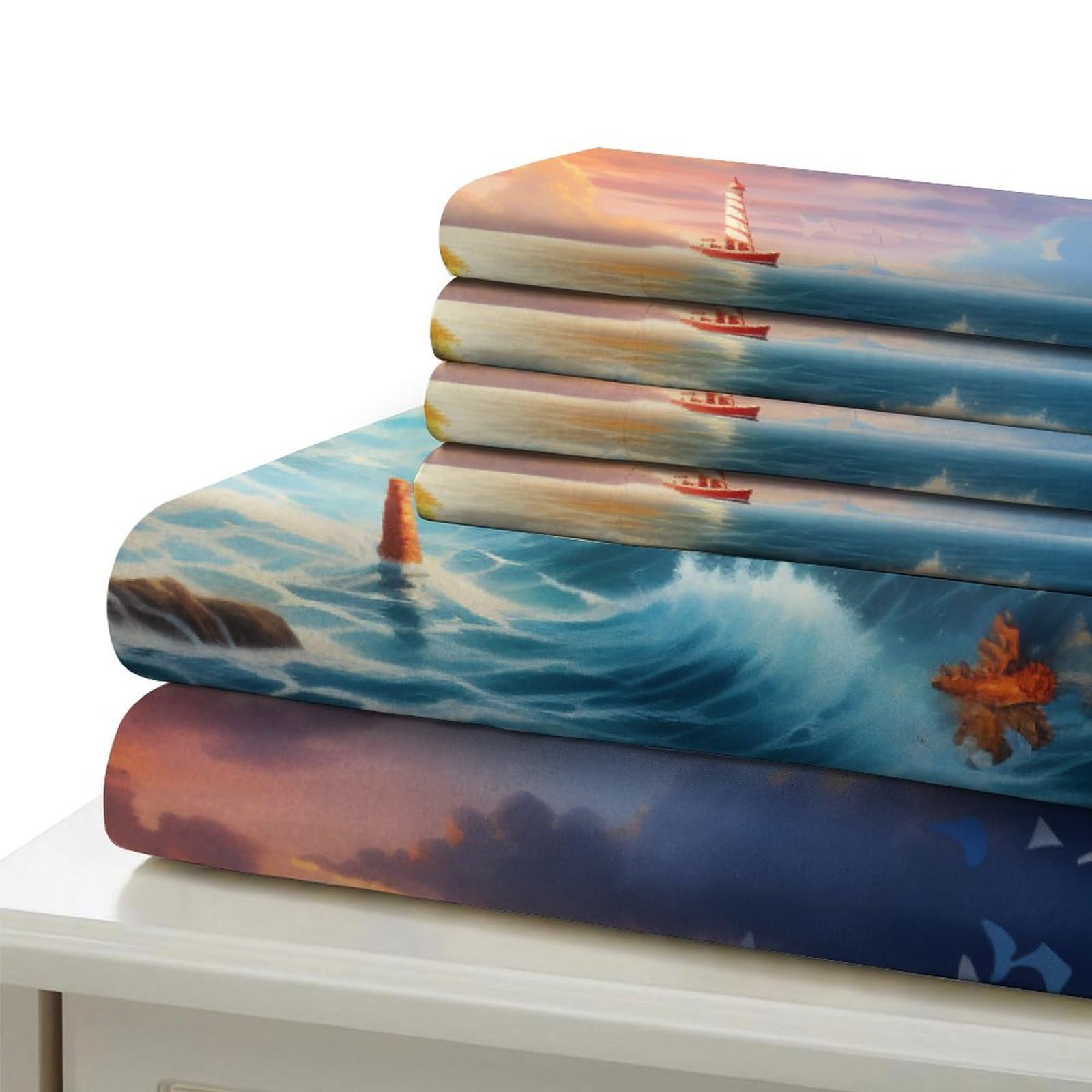 SorEci Coastal Lighthouses Duvet Cover 3D Art Styles Printed Bedding Set Comforter Cover with Zipper Closure for Kids Teens Adults (2 Pillow Shams,1 Duvet Cover) Queen（228x228cm）