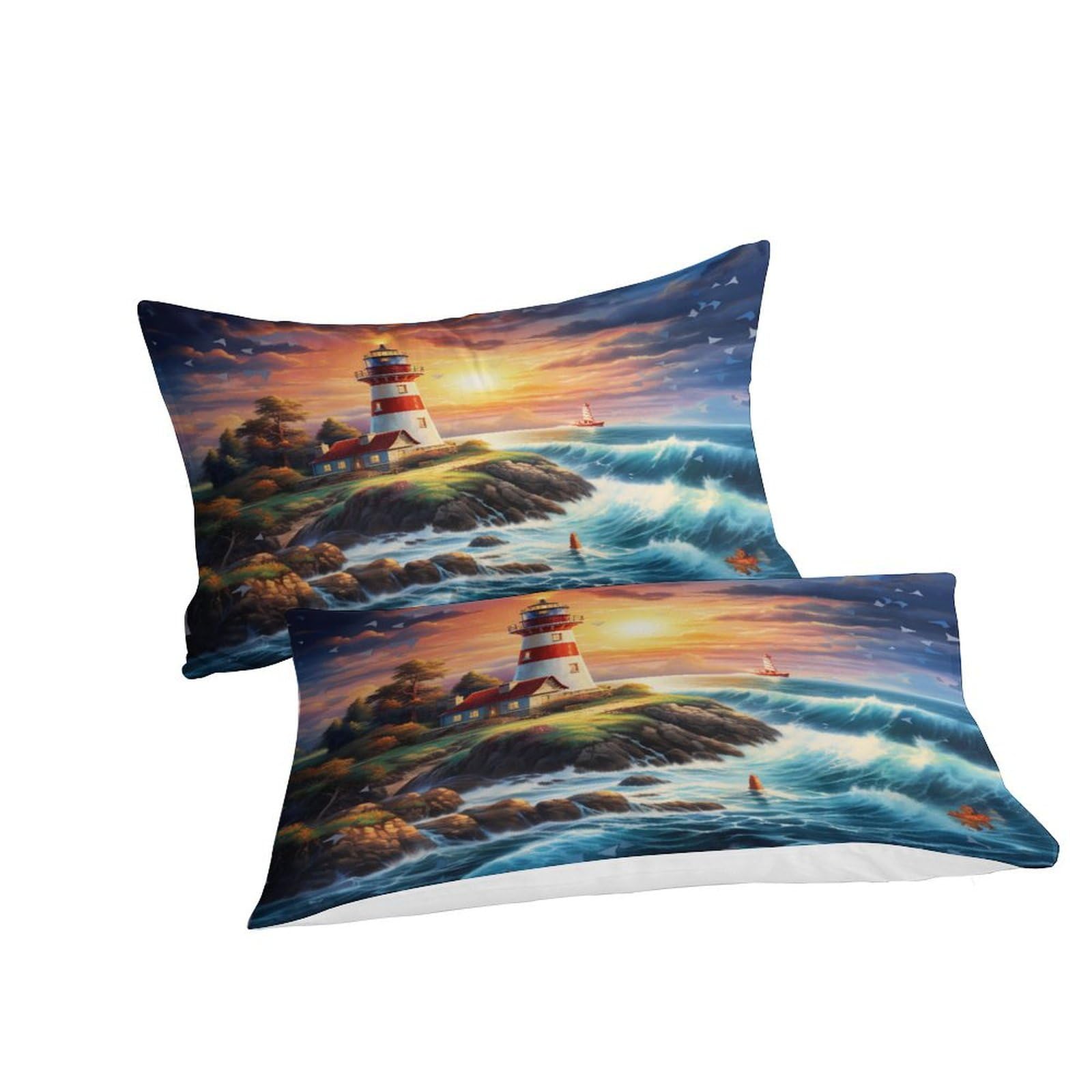 SorEci Coastal Lighthouses Duvet Cover 3D Art Styles Printed Bedding Set Comforter Cover with Zipper Closure for Kids Teens Adults (2 Pillow Shams,1 Duvet Cover) Queen（228x228cm）