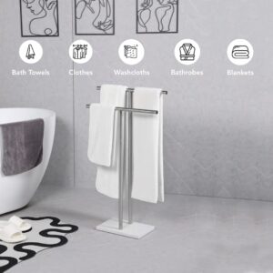 WISATO - Free Standing Towel Rack for Bathroom - Brushed Nickel Finish - Stand Alone 2 Tier Stainless Steel Towel Rack for Bathroom Floor with Heavy Marble Base, Double T Shape Drying Stand for Towels