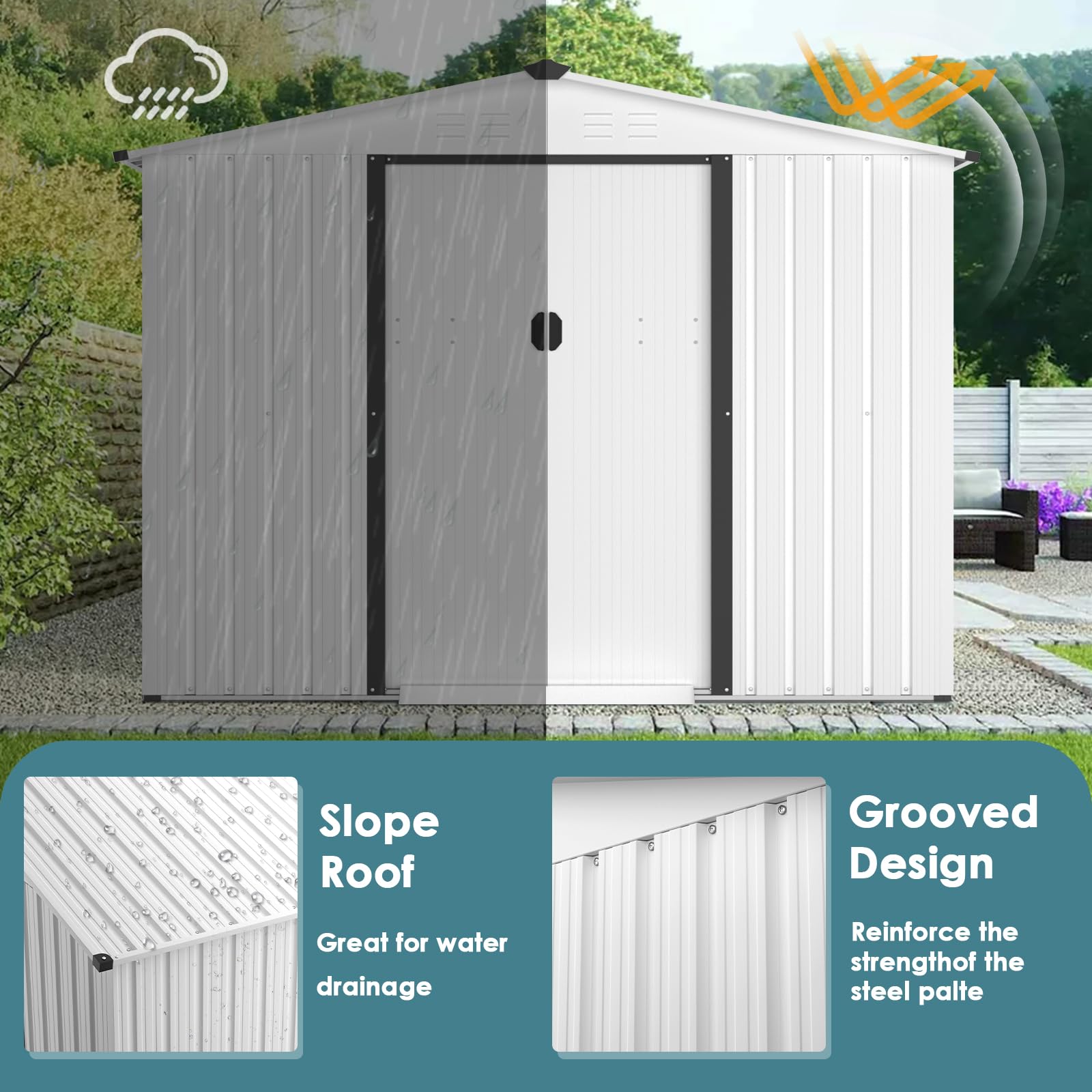 CrownLand Outdoor Vented Backyard Garden Storage Shed 6X8 Feet Tool House with Sliding Door Outdoor Lawn Steel Roof Sheds (White)