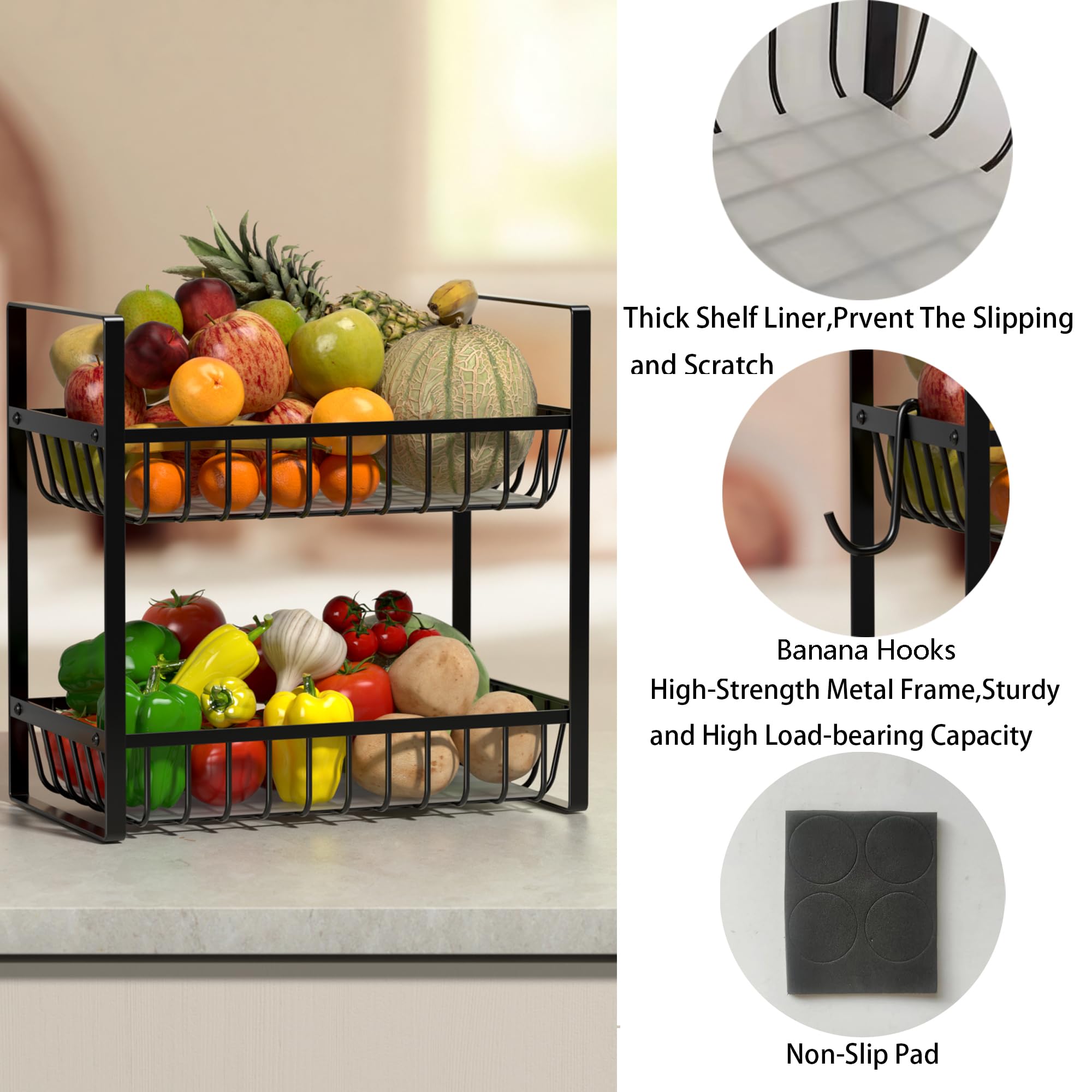 Webtrylics Fruit Basket for Kitchen Counter,Fruit Bowl,Countertop Organizer for Onion Bread and Snack Storage,Heavy Duty Metal Fruit Stand Holder with Liners (2 Tier)