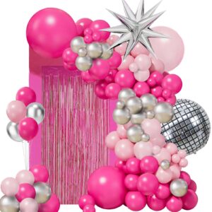 hot pink balloon garland arch kit,pink silver chrome balloons with silver disco ball explosion star balloon for girls women birthday party valentine's day bridal shower wedding mother's day