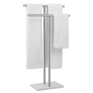 wisato - free standing towel rack for bathroom - brushed nickel finish - stand alone 2 tier stainless steel towel rack for bathroom floor with heavy marble base, double t shape drying stand for towels