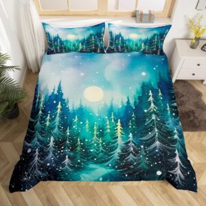 pine trees christmas duvet cover set queen size, moonight starry sky bedding set,boys girls room decor,pines botanical leaves natural comforter cover,cyan rustic farmhouse quilt cover,2 pillowcases