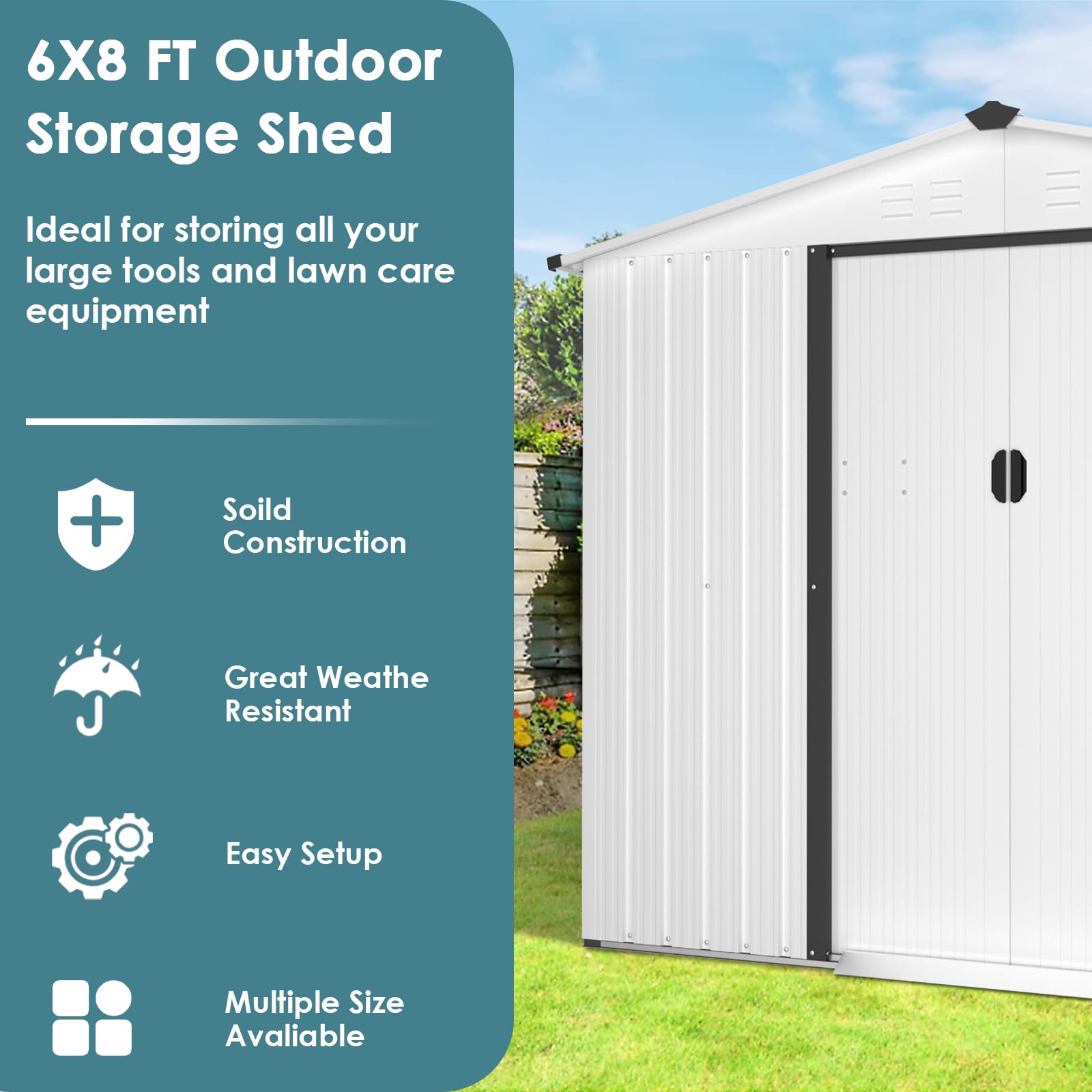 CrownLand Outdoor Vented Backyard Garden Storage Shed 6X8 Feet Tool House with Sliding Door Outdoor Lawn Steel Roof Sheds (White)