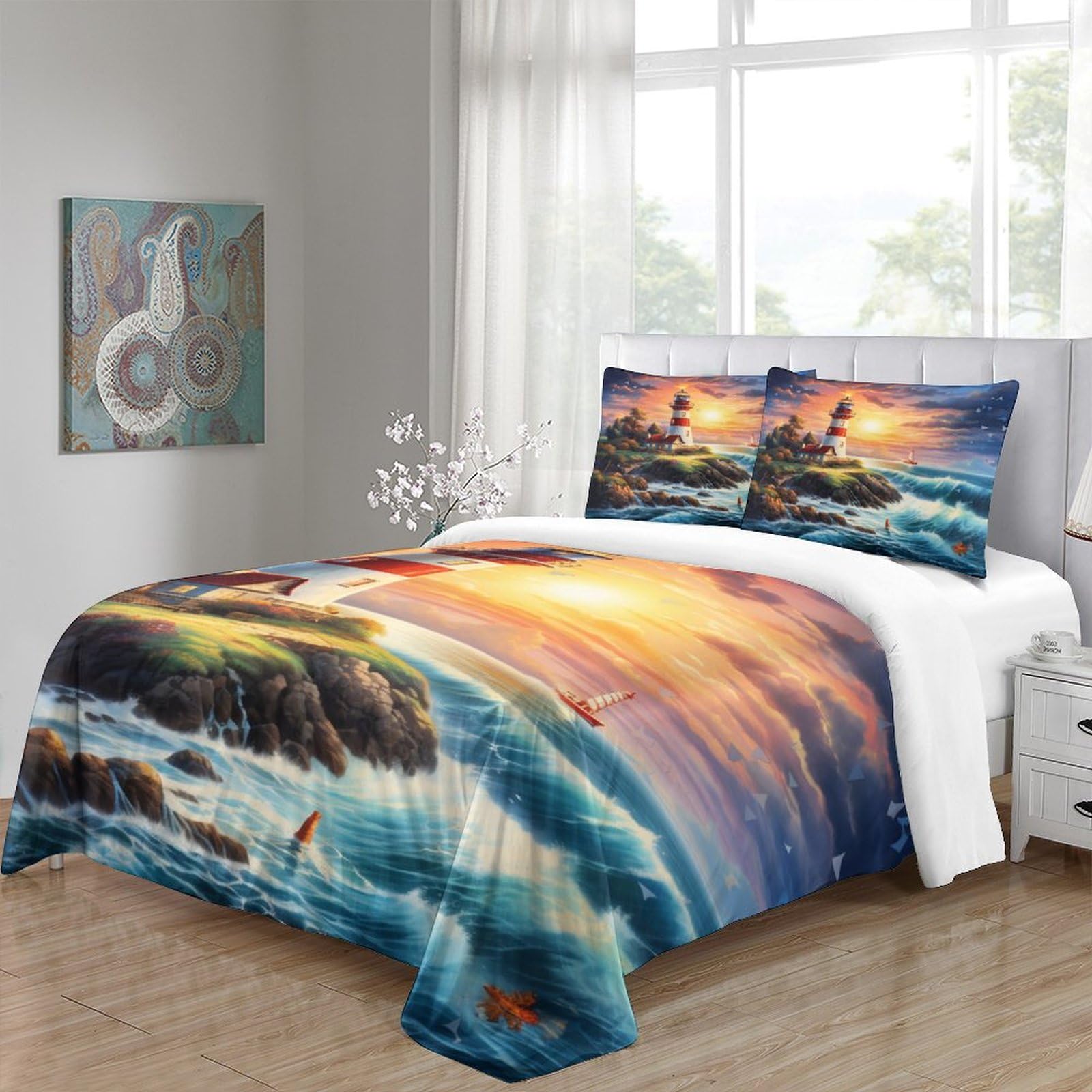 SorEci Coastal Lighthouses Duvet Cover 3D Art Styles Printed Bedding Set Comforter Cover with Zipper Closure for Kids Teens Adults (2 Pillow Shams,1 Duvet Cover) Queen（228x228cm）