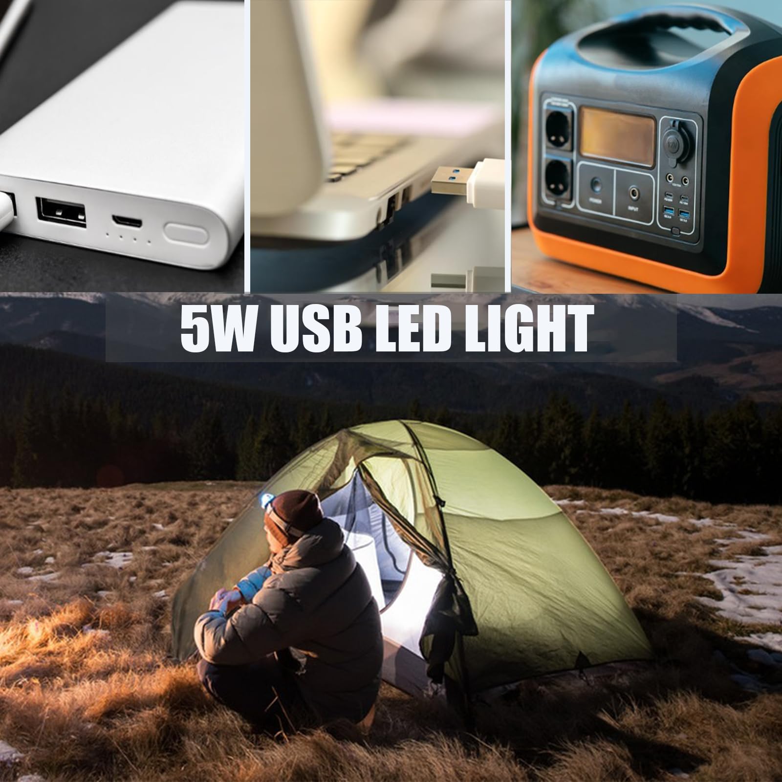 USB LED Camping Lantern, Emergency Portable 5W Light with 8.4ft Long Cable for Power Station,Home Power Failure, Outdoor Light Up Porch, Backyard Garage and Camping Tent (Cold White)