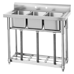 gaomon stainless steel sink, commercial kitchen prep & utility sink free standing 3-compartment with shelf for restaurant laundry garage bar workshop(3 compartment with shelf, 38.9"l x 17.7"w x 37"h)