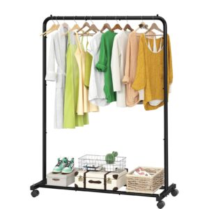 simple trending standard clothes clothing garment rack with storage shelves, rolling clothes organizer on wheels for hanging clothes, black