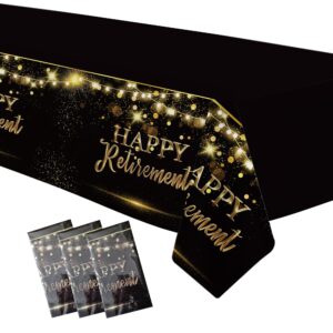 suhelkit 3 pack retirement decorations party supplies tablecloth - happy retirement decorations table cover for men women, gold black retirement party decorations table cloth,54in x 108in