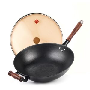 wangyuanji cast iron wok,14.1'' flat bottom wok with glass lid,suitable for all cooktops, uncoated craft wok healthy cooking wok